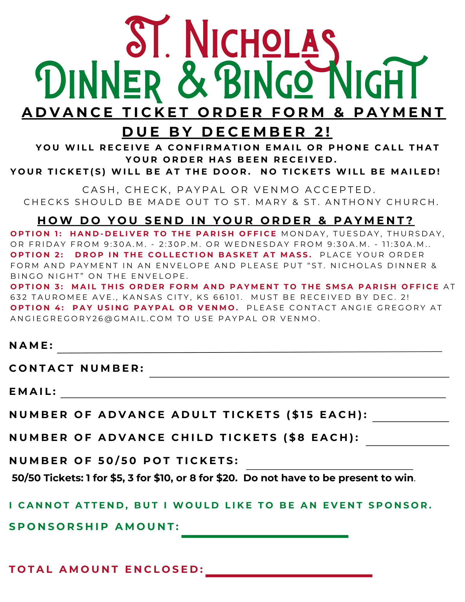 2024 Spaghetti Dinner & Bingo Night – St. Mary's-St. Anthony's Parish